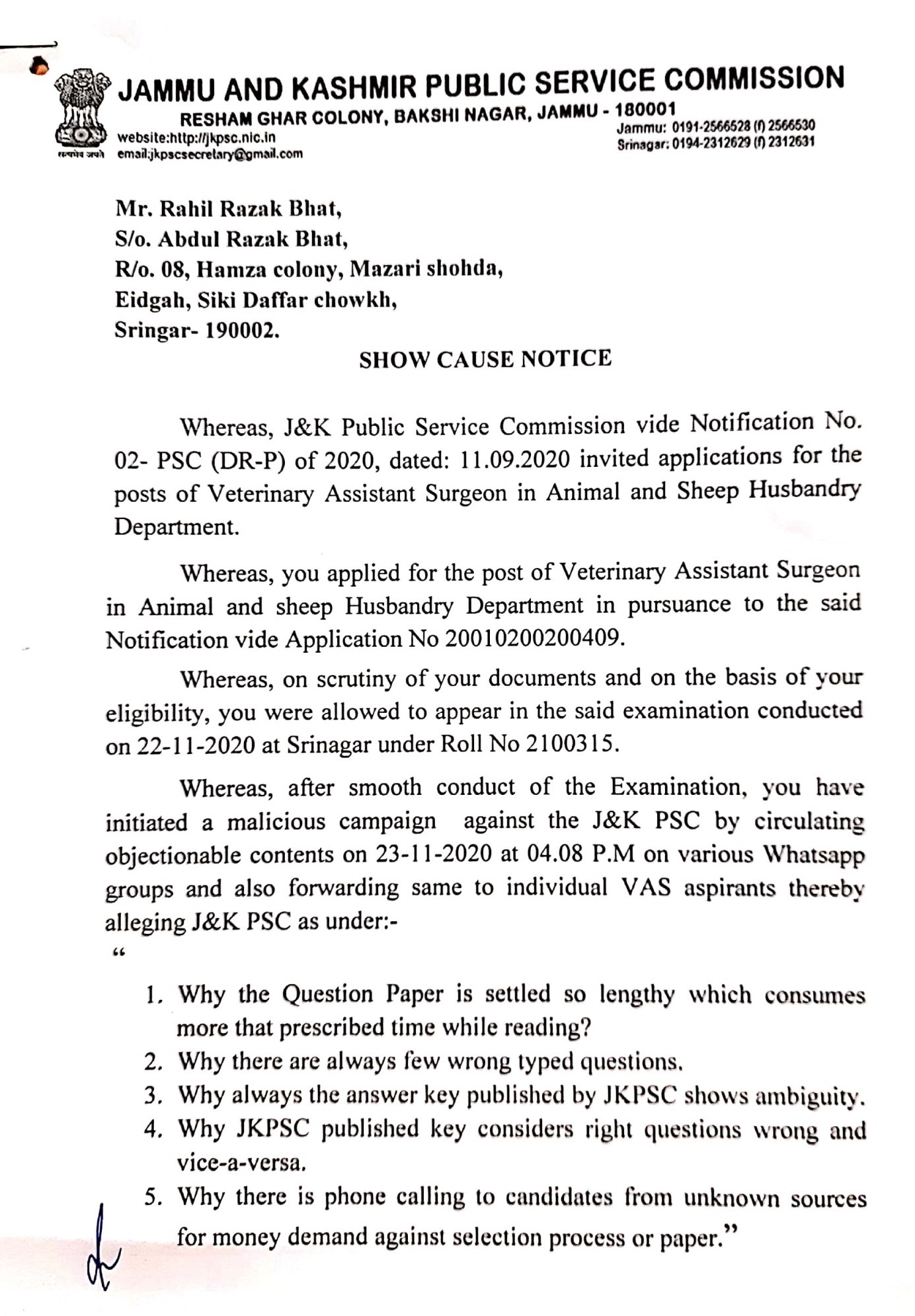 J&KPSC Issues Show Cause Notice To VAS Candidate For Being Inquisitive ...